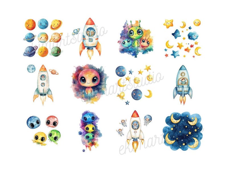 Cute Space Watercolor Clipart | Space PNG | PNG Bundle | Digital ...