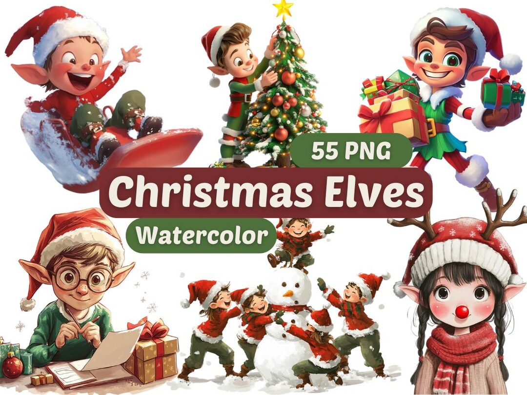 Christmas Elves Watercolor Clipart | Elves PNG | PNG Bundle | Santa ...