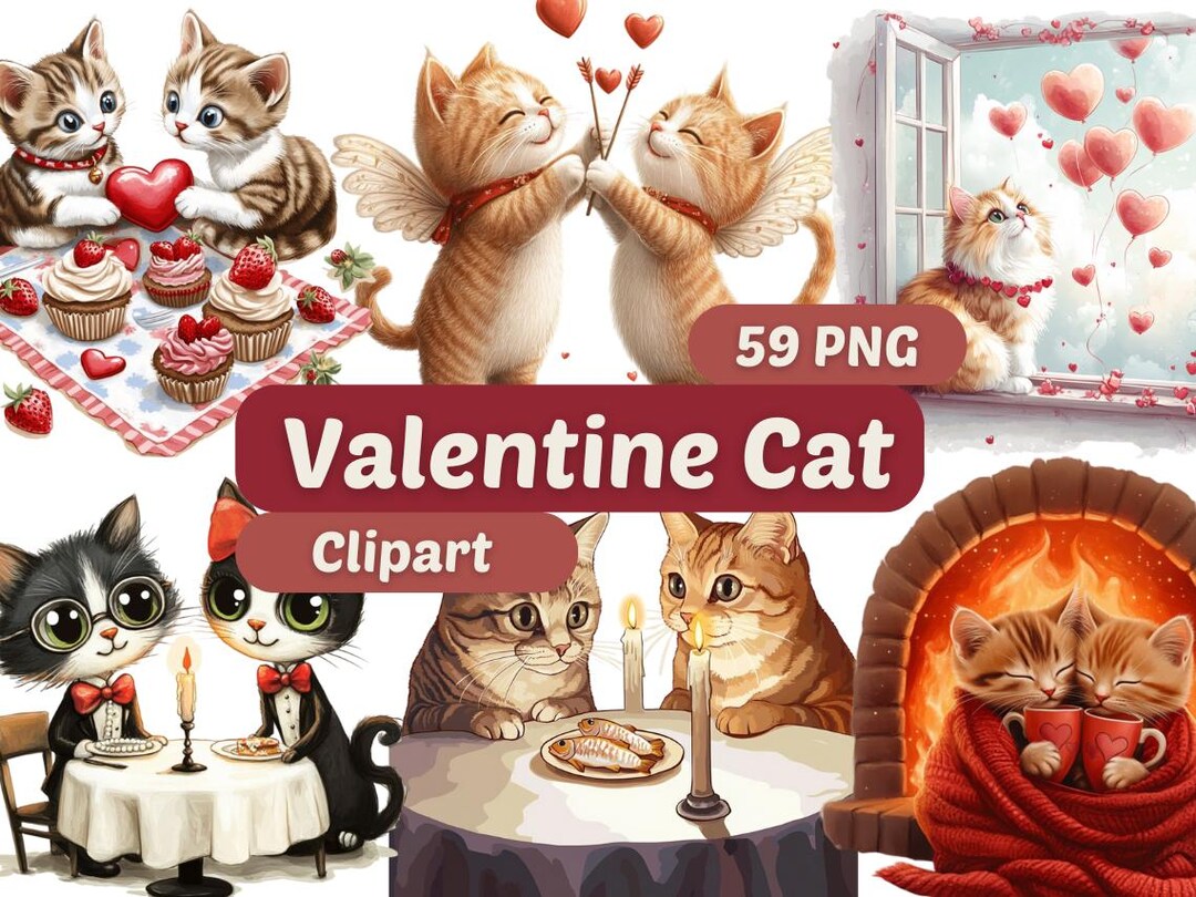 Valentine Cat Clipart | Cute Cat PNG | PNG Bundle | Cute Cat | Funny ...
