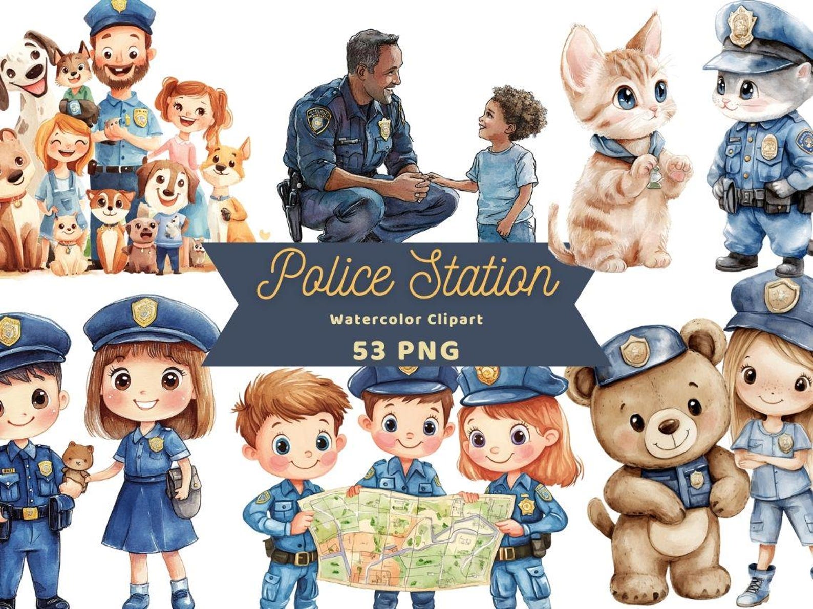 Police Station Watercolor Clipart | Police Kids Clipart | PNG Bundle ...