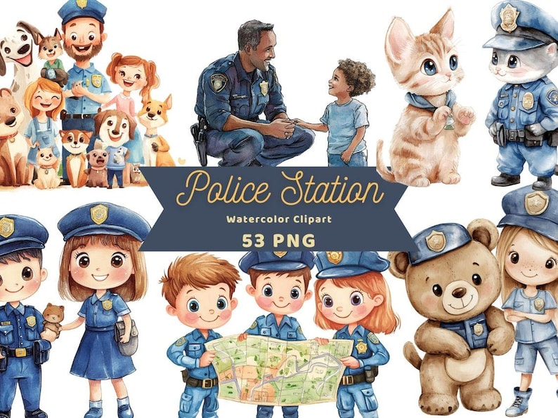 Police Station Watercolor Clipart | Police Kids Clipart | PNG Bundle ...