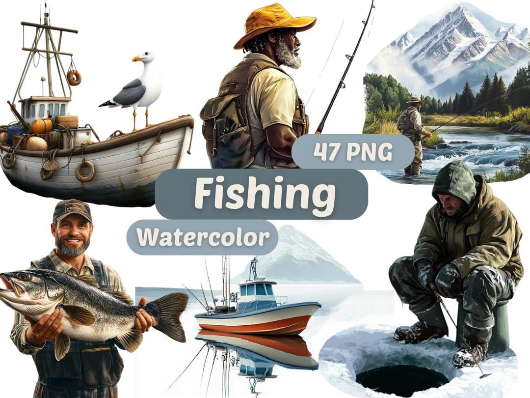Fishing Watercolor Clipart | Fishing PNG | PNG Bundle | Fisherman ...