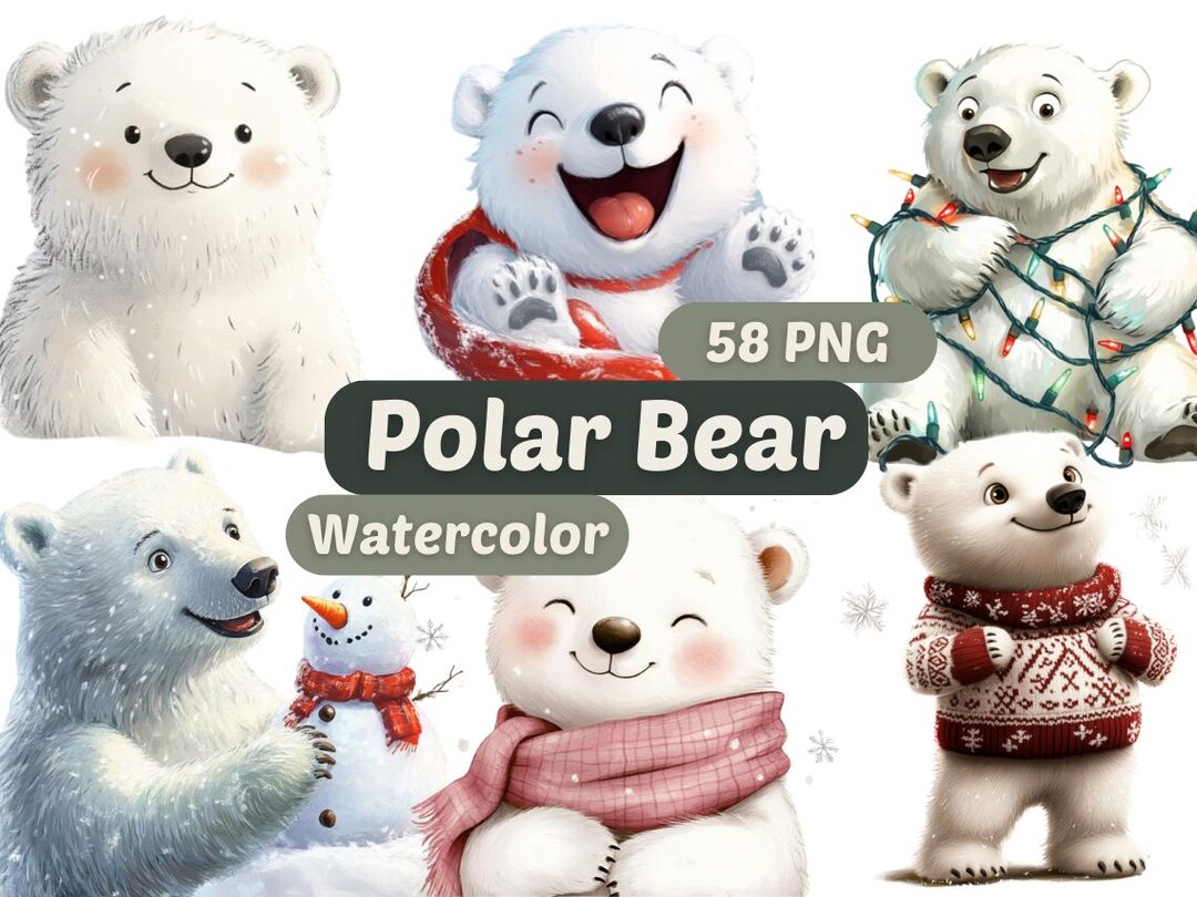 Christmas Polar Bear Watercolor Clipart | Polar Bear PNG | PNG Bundle ...