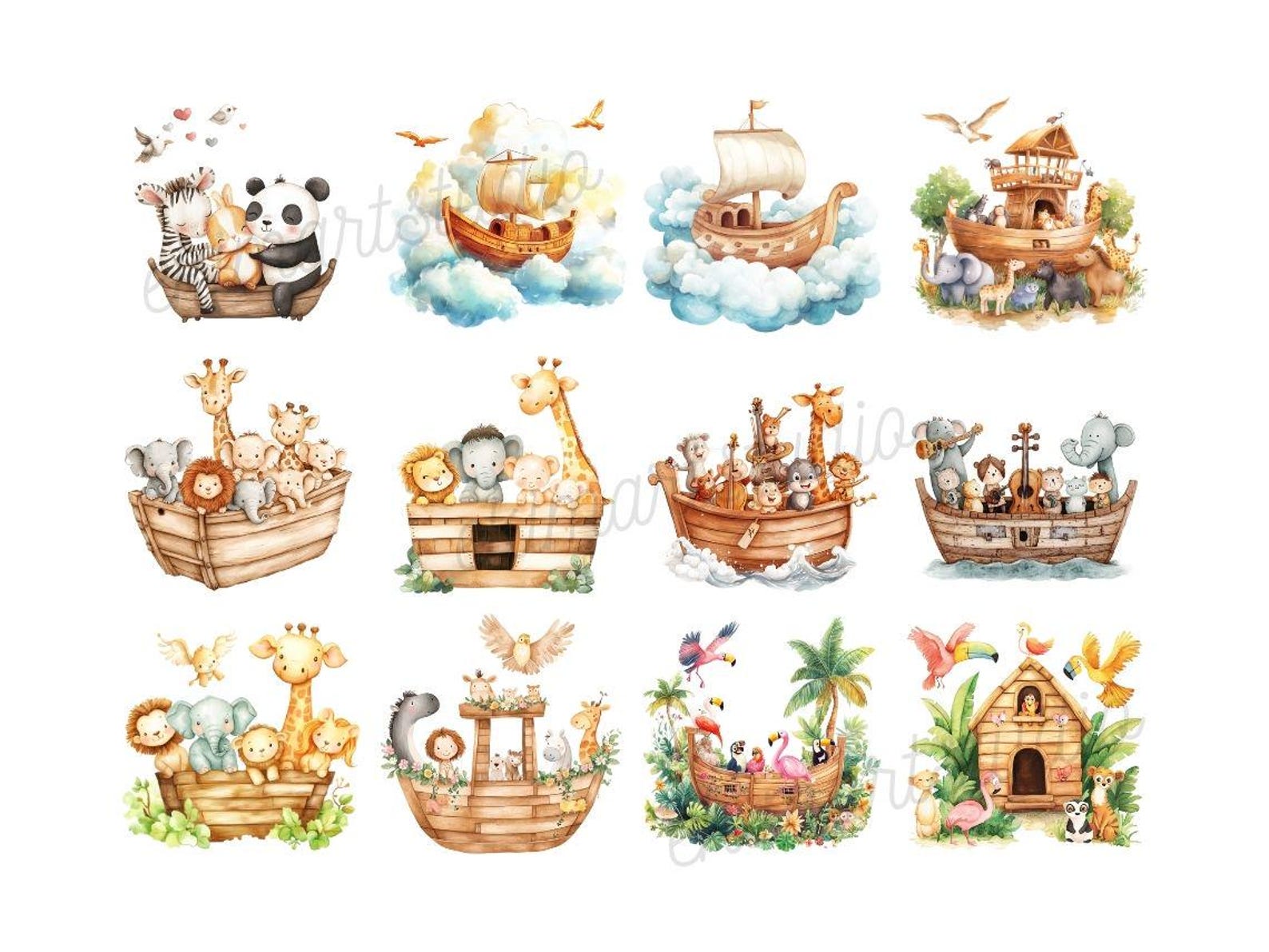 Noah's Ark Watercolor Clipart | Sticker | PNG Bundle | Animal Clipart ...