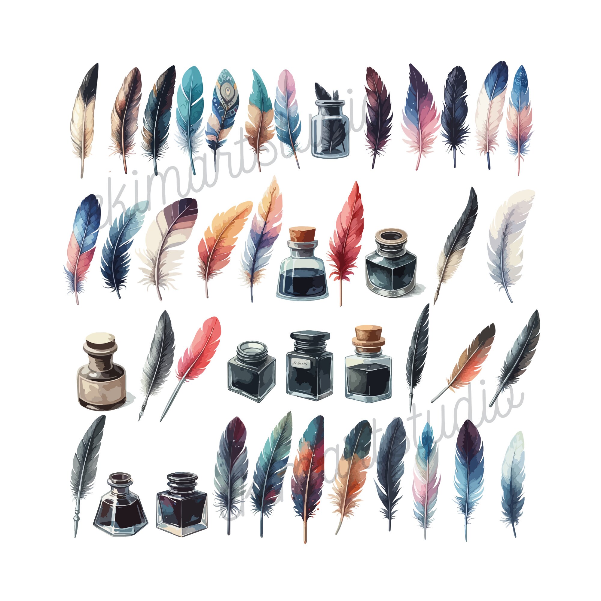 Feather Quill Watercolor Clipart Sticker PNG Bundle Digital Download ...