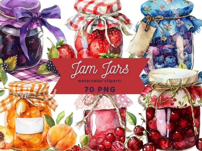 Jam Jars Watercolor Clipart | Food Sticker | PNG Bundle | Digital ...