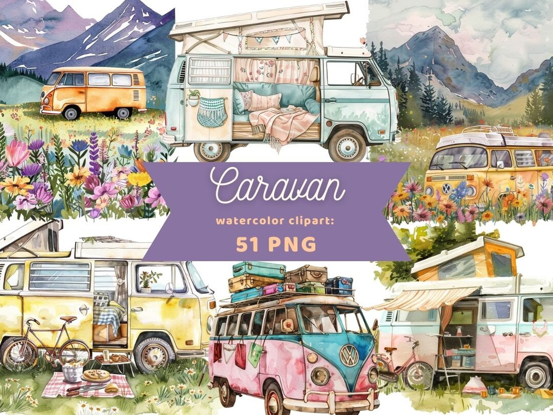 Caravan Watercolor Clipart | Travel Sticker | PNG Bundle | Digital ...