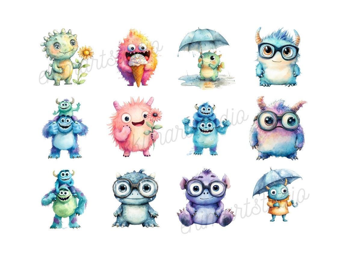 Cute Monsters Watercolor Clipart | Sticker | PNG Bundle | Digital ...