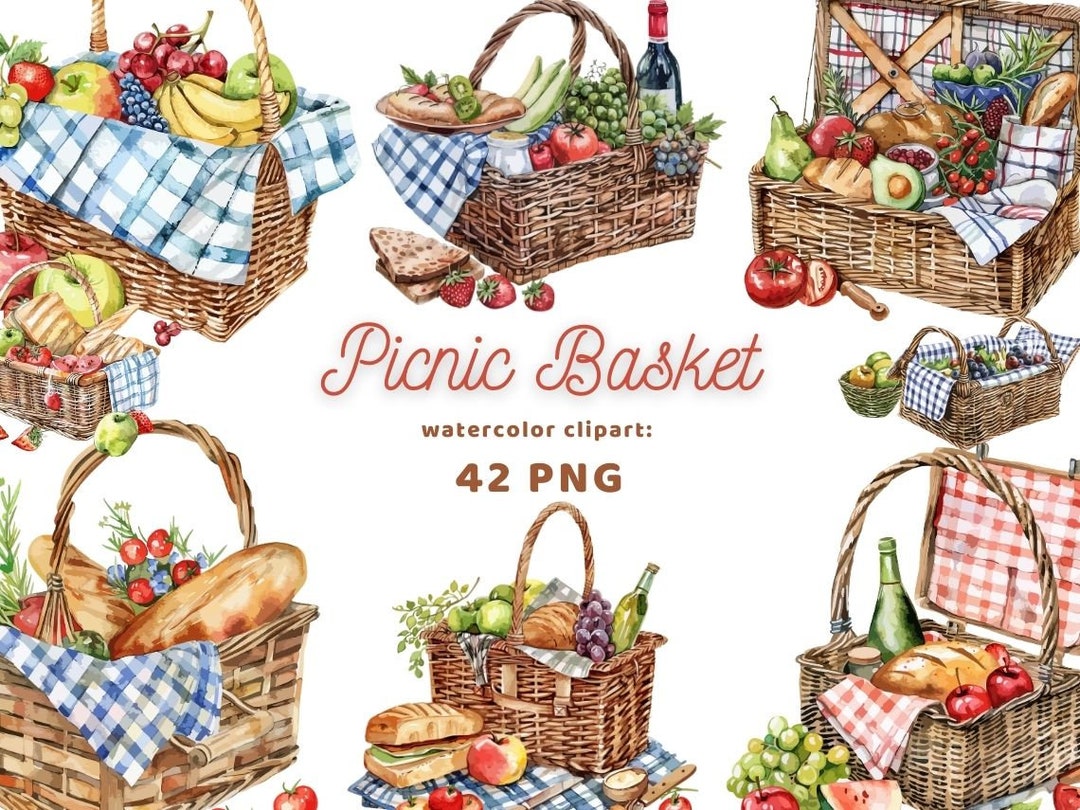 Picnic Basket Watercolor Clipart | Sticker | PNG Bundle | Digital ...