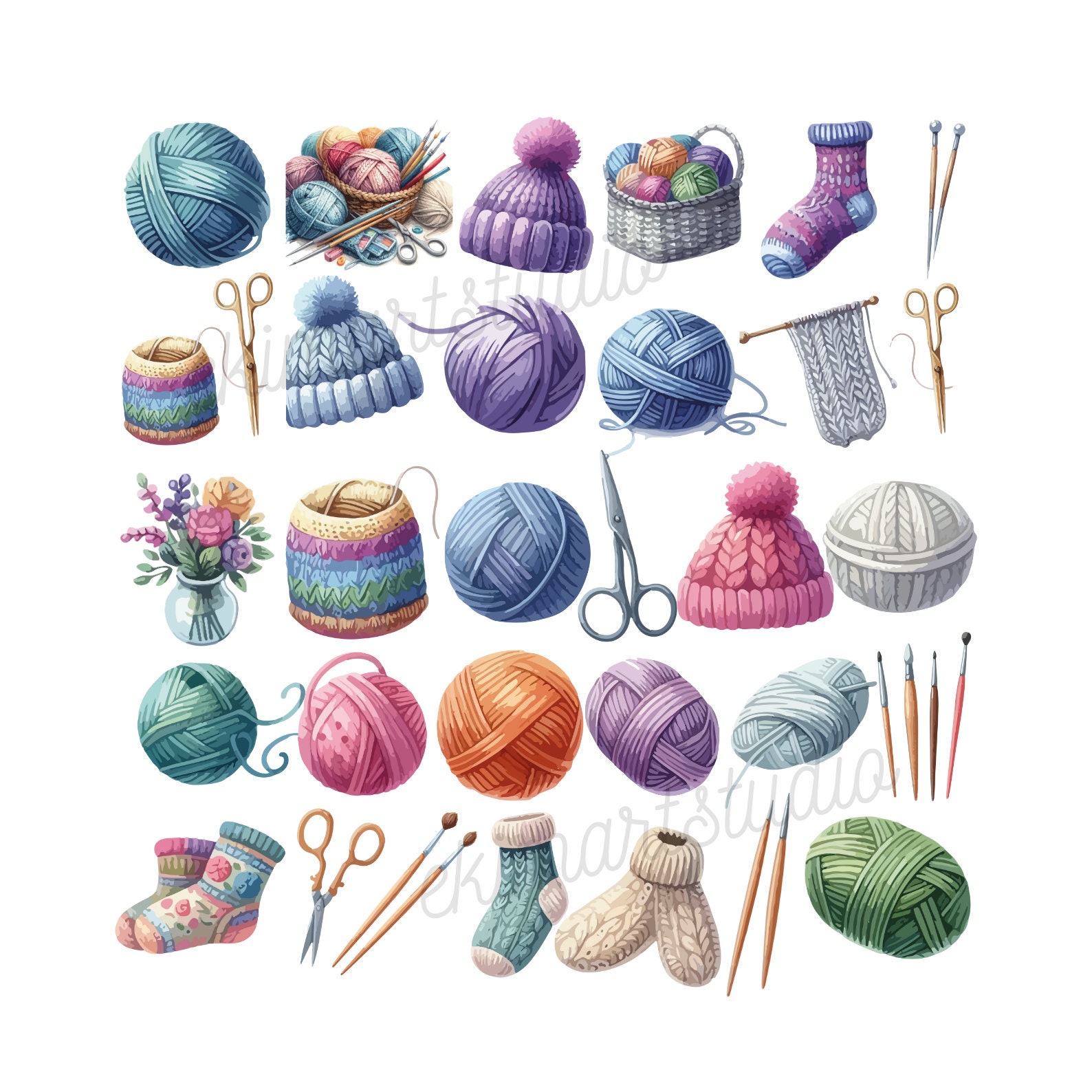 Knitting Watercolor Clipart | Sticker | PNG Bundle | Digital Download ...
