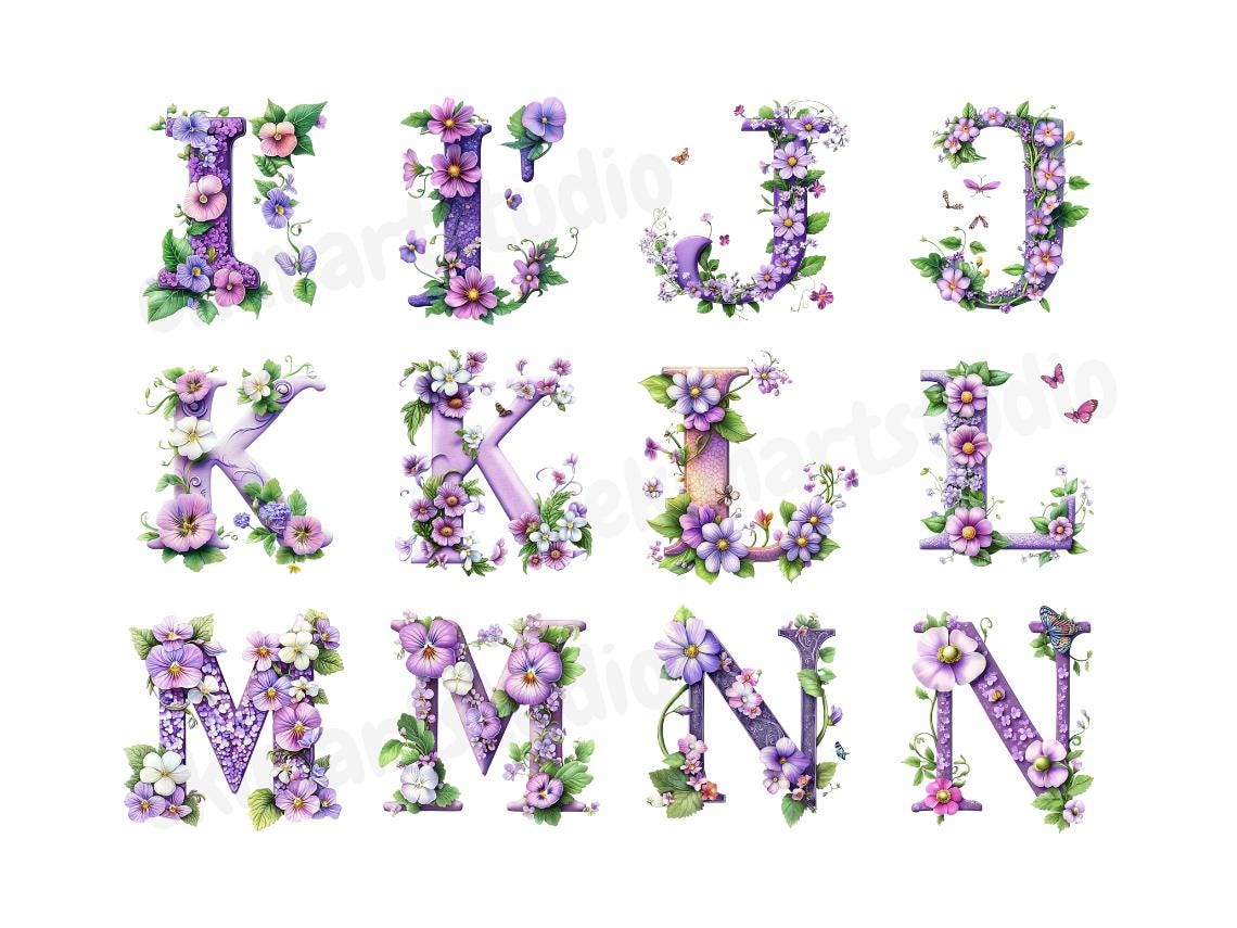 Floral Purple Alphabet Clipart | Floral Alphabet PNG | Alphabet PNG ...
