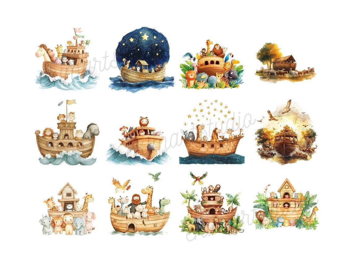 Noah's Ark Watercolor Clipart Sticker PNG Bundle Animal Clipart Digital ...