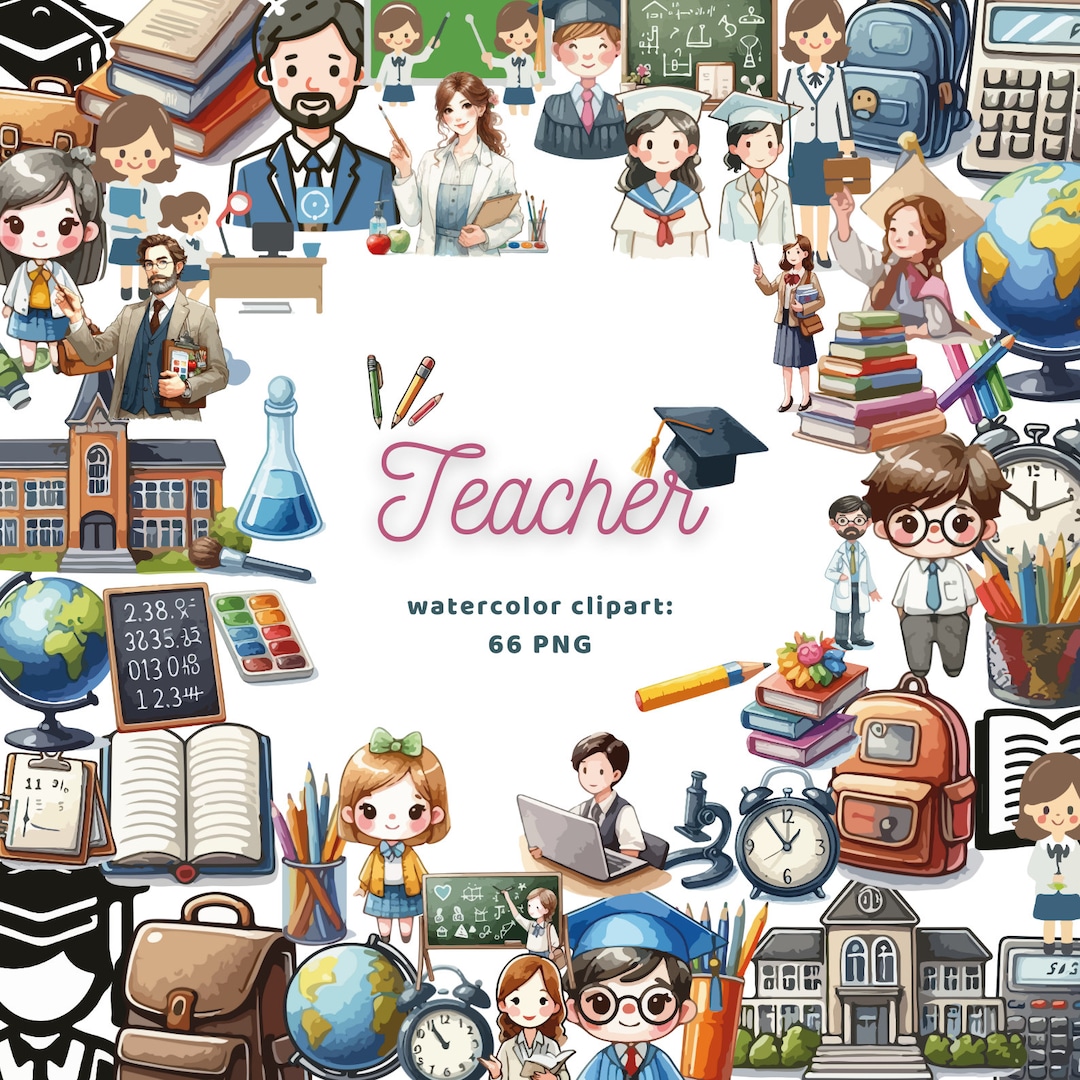 Teacher School Watercolor Clipart | Sticker | PNG Bundle | Digital ...