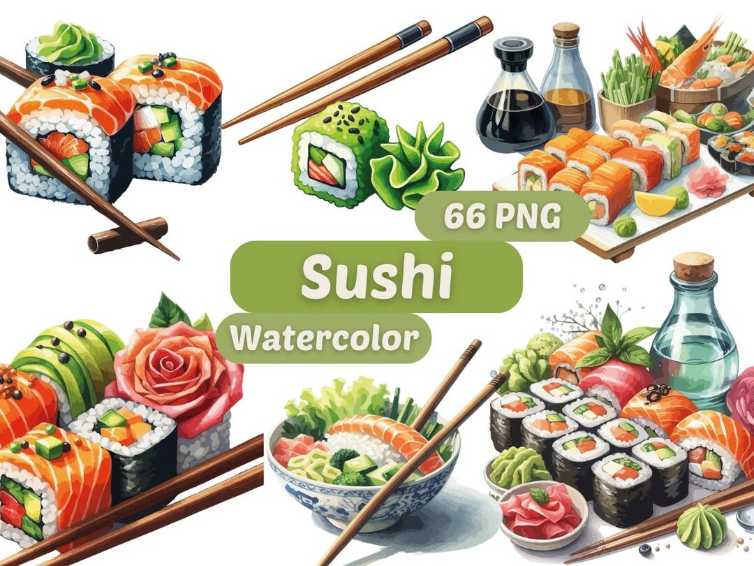 Sushi Watercolor Clipart Sticker PNG Bundle Digital Download Watercolor ...