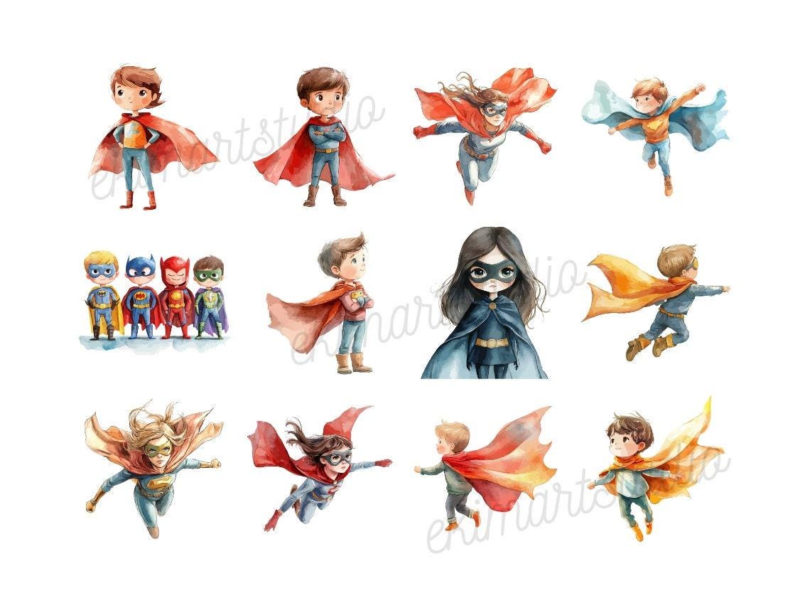 Superhero Kids Watercolor Clipart | Superhero Sticker | PNG Bundle ...