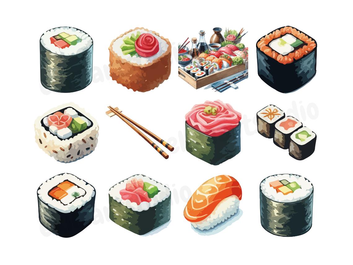 Sushi Watercolor Clipart Sticker PNG Bundle Digital Download Watercolor ...