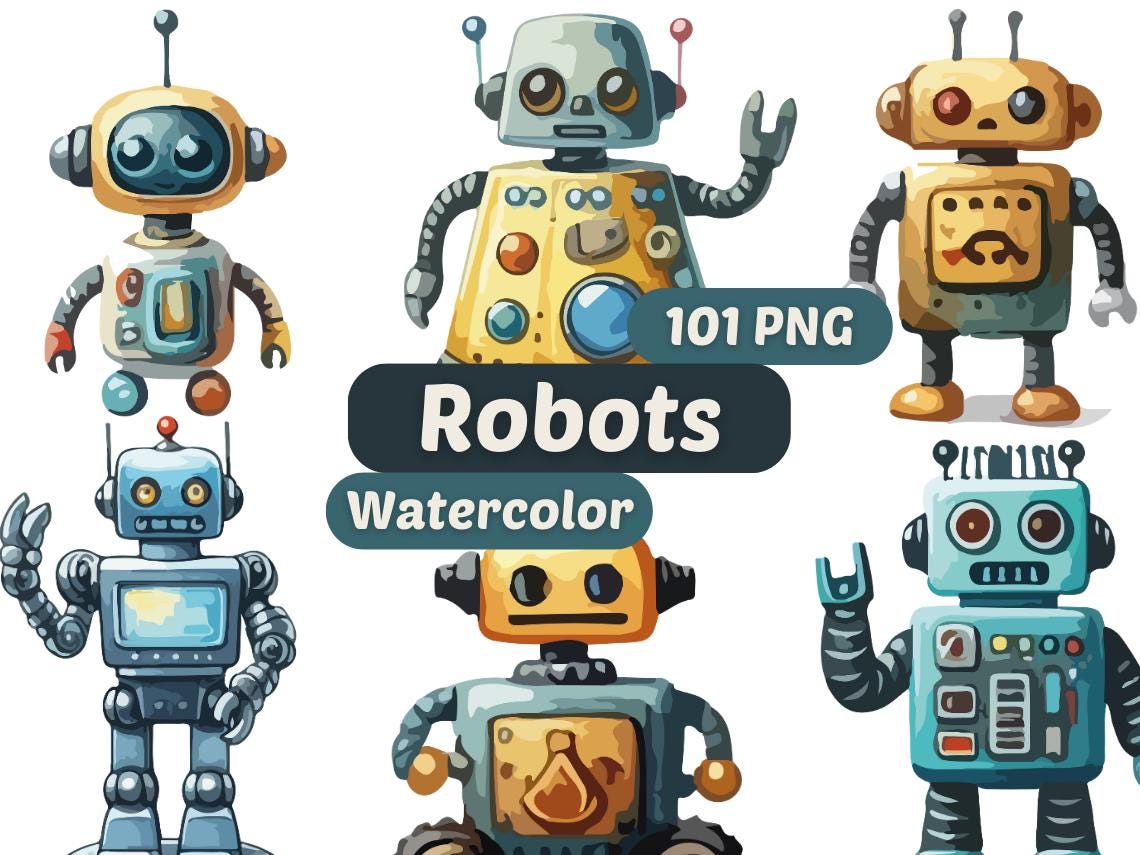 Robots Clipart | Robots | PNG Bundle | Digital Download | Watercolor ...