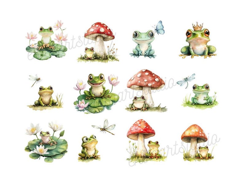 Cute Frog Watercolor Clipart Sticker PNG Bundle Digital Download ...