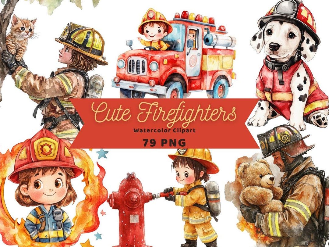 Cute Firefighters Watercolor Clipart | Fire Department PNG | PNG Bundle ...