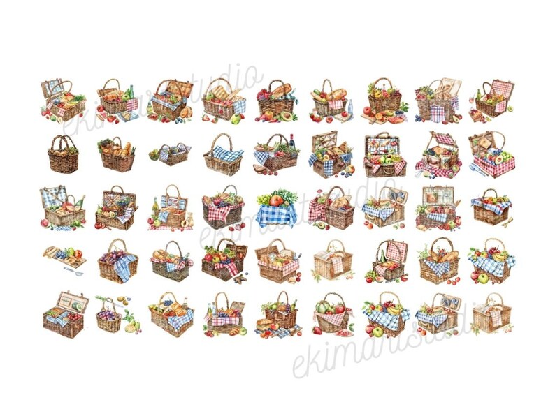 Picnic Basket Watercolor Clipart | Sticker | PNG Bundle | Digital ...