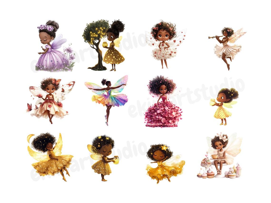 Watercolor Cute Little Afro Fairy Clipart | Afro Fairy PNG | PNG Bundle ...