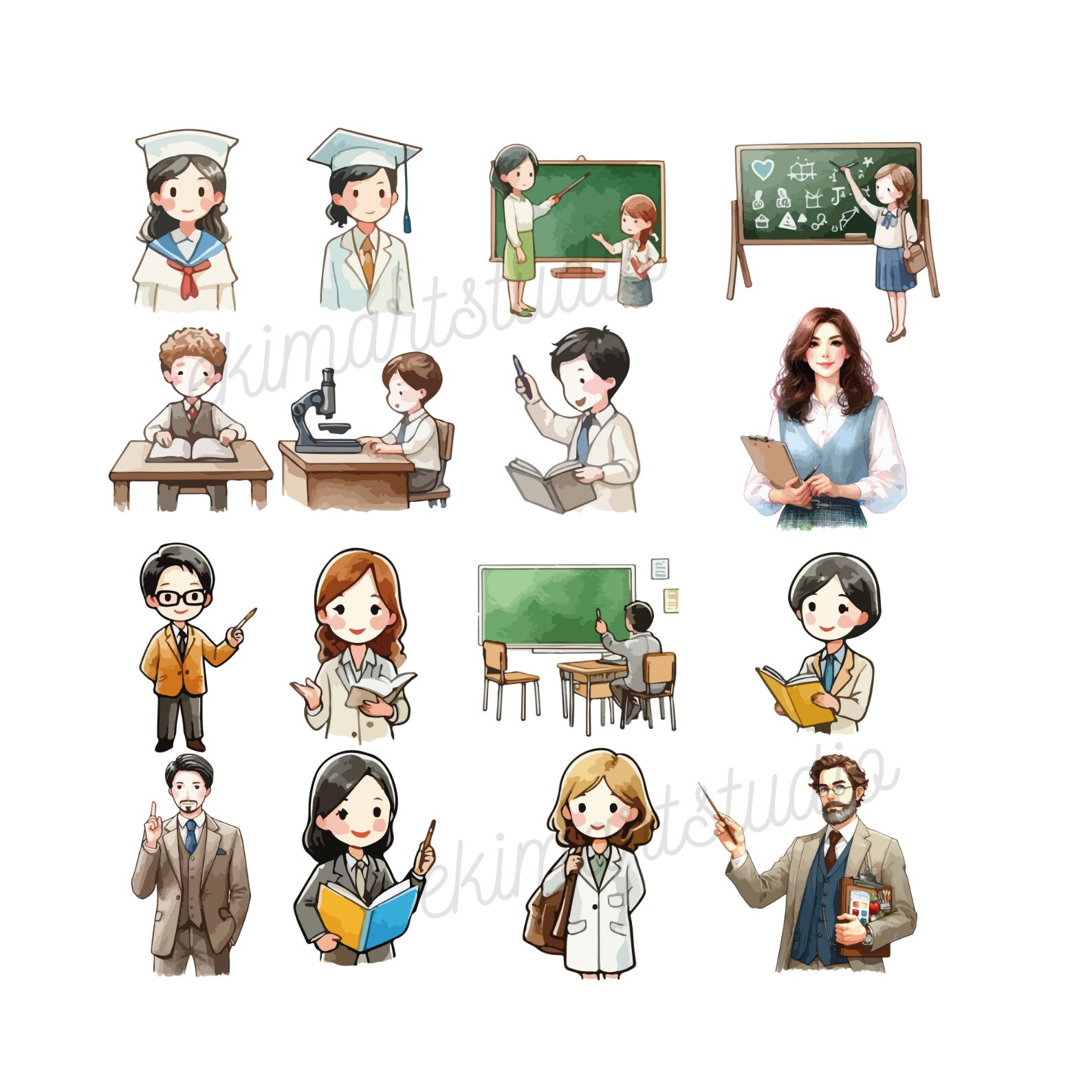 Teacher School Watercolor Clipart Sticker PNG Bundle Digital Download ...