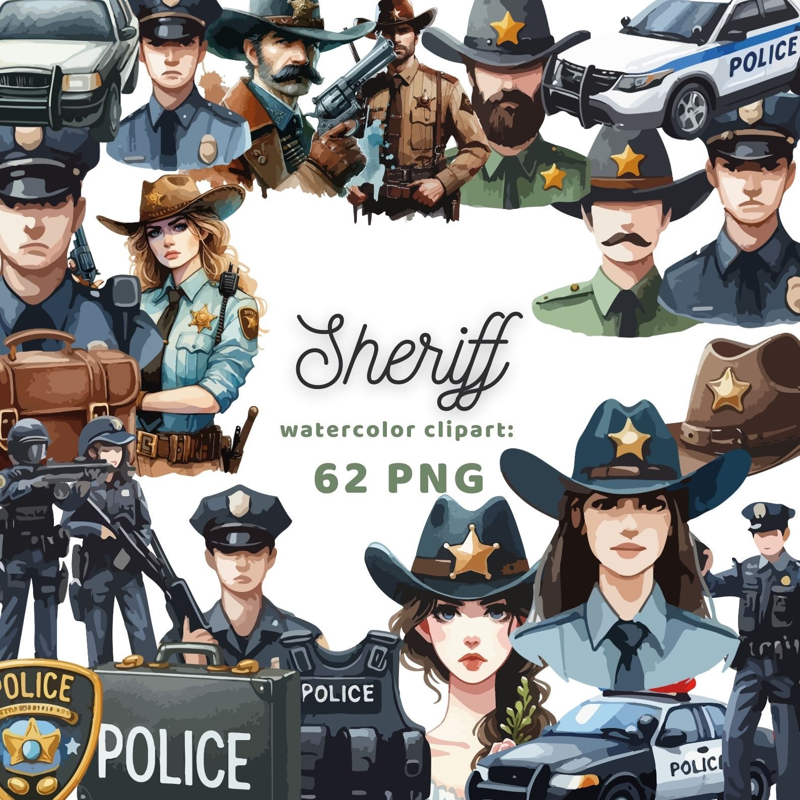 Sheriff & Police Watercolor Clipart | PNG Bundle | Digital Download ...
