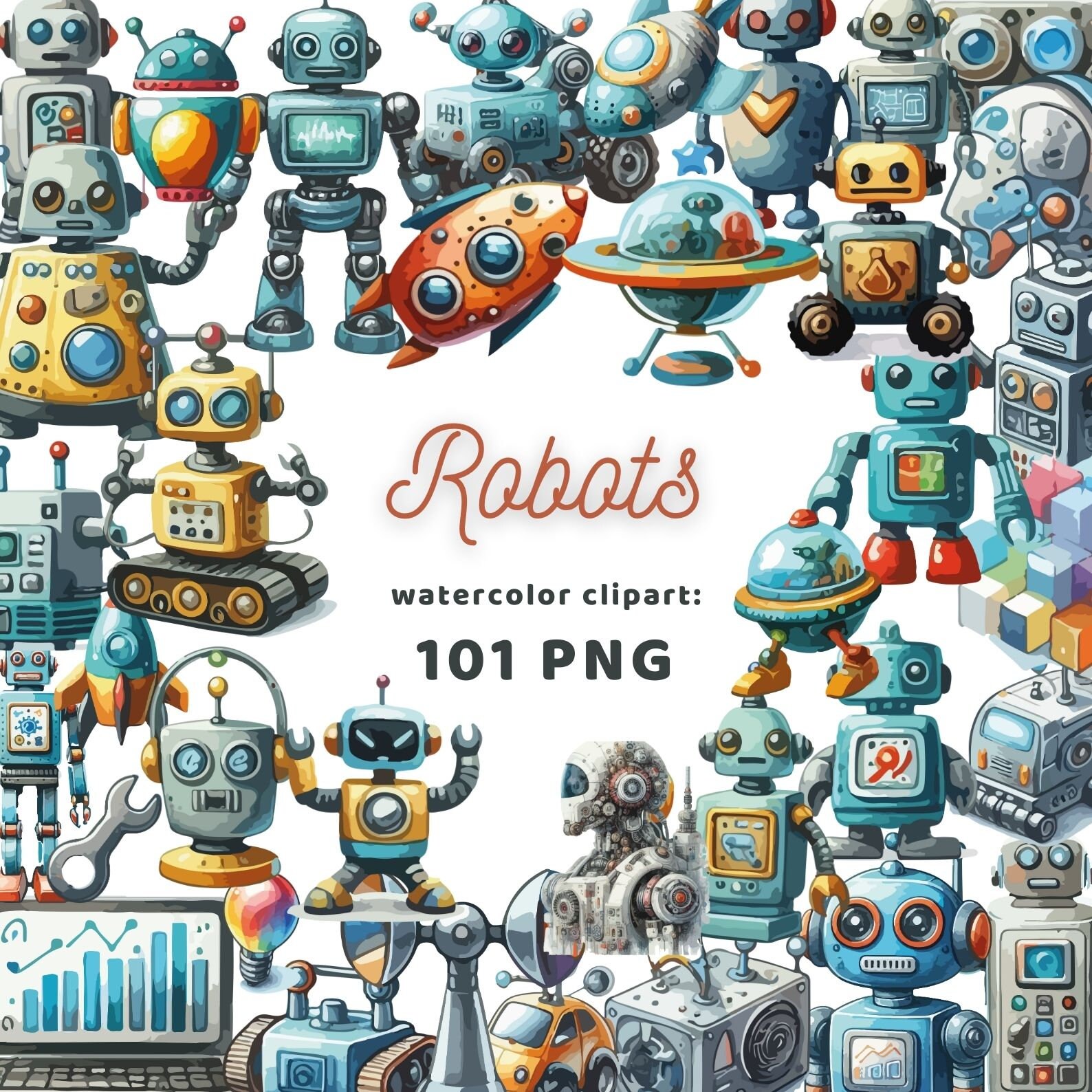 Robots Clipart Robots PNG Bundle Digital Download Watercolor Art ...