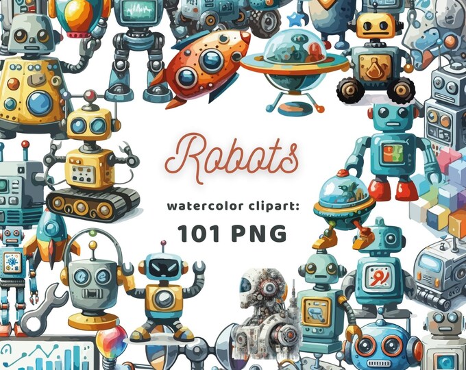 Robots Clipart Robots PNG Bundle Digital Download Watercolor Art ...