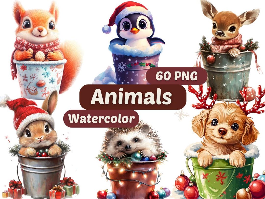 Christmas Animals in Bucket Watercolor Clipart | Animal PNG | PNG ...