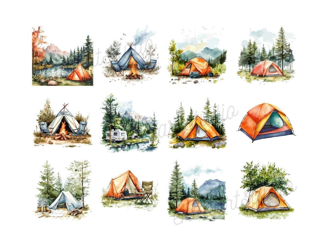Camping Watercolor Clipart | Sticker | PNG Bundle | Digital Download ...