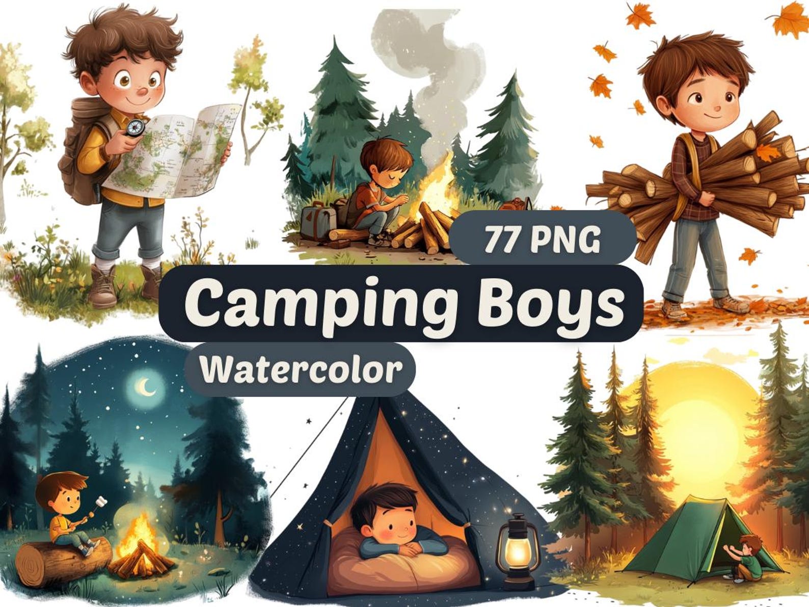 Camping Boys Watercolor Clipart | Kids PNG | PNG Bundle | Digital ...
