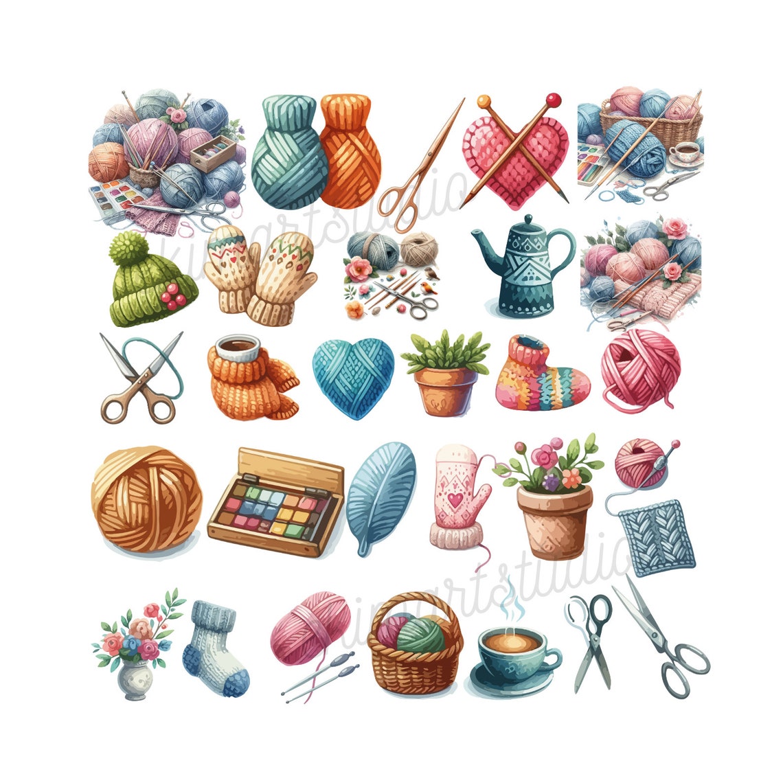 Knitting Watercolor Clipart | Sticker | PNG Bundle | Digital Download ...