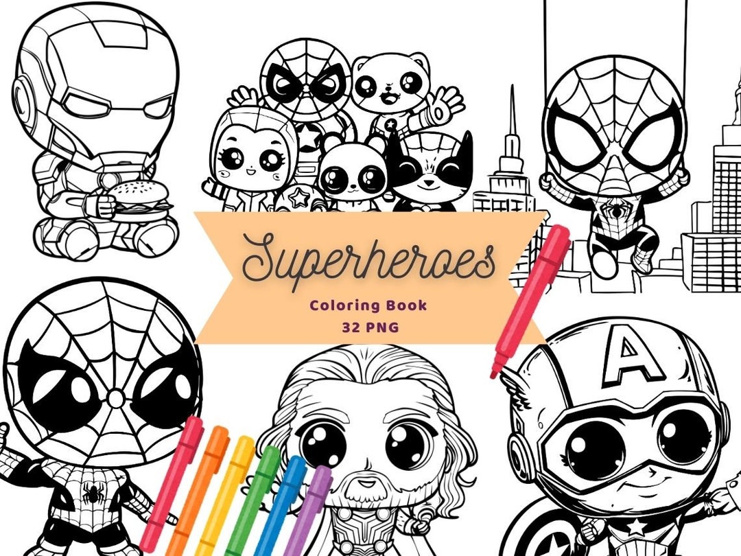 Superheroes Kawaii Coloring Book Marvel PNG PNG Bundle Digital Download ...