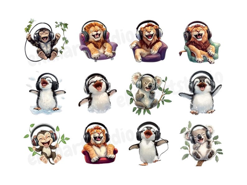 Funny Animals Clipart | Headphone Animals PNG | PNG Bundle | Cute ...