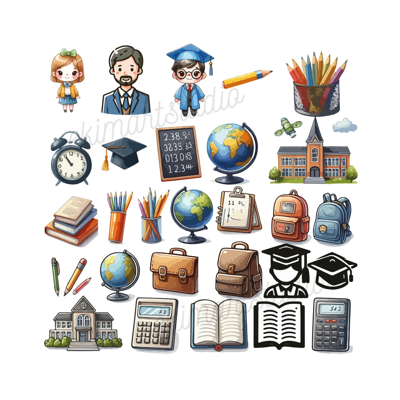 Teacher School Watercolor Clipart Sticker PNG Bundle Digital Download ...