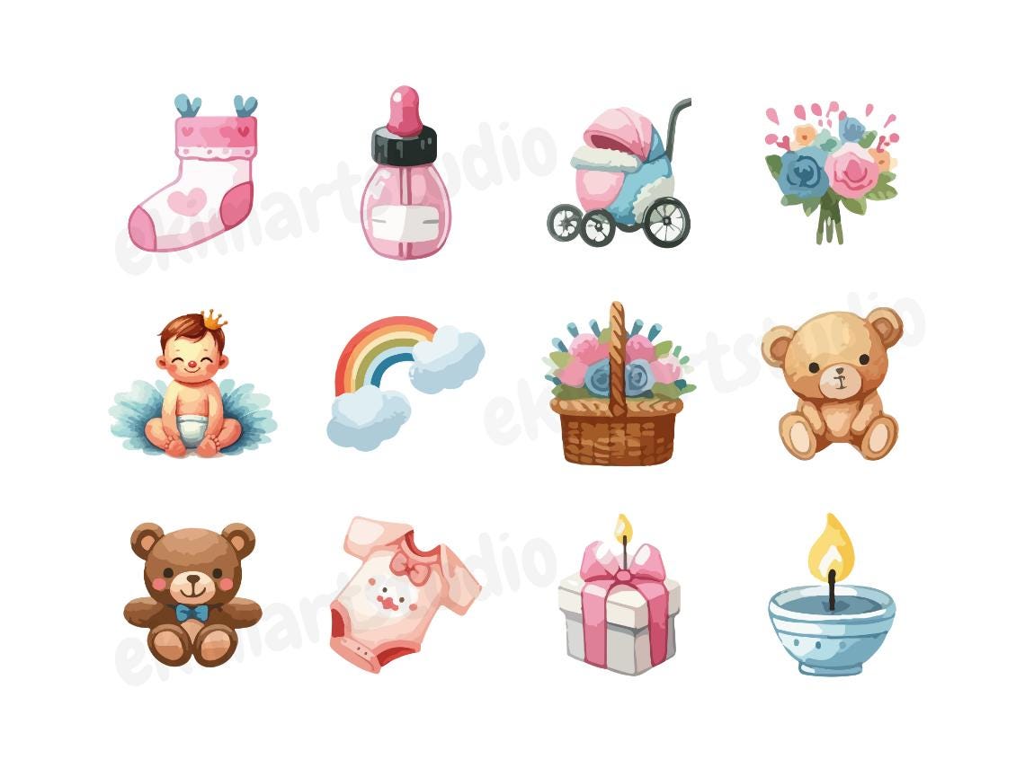 Baby Watercolor Clipart | Cute Baby Shower Clipart | PNG Bundle ...