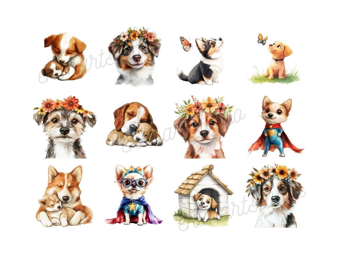 Cute Dogs Watercolor Clipart | Sticker | PNG Bundle | Digital Download ...