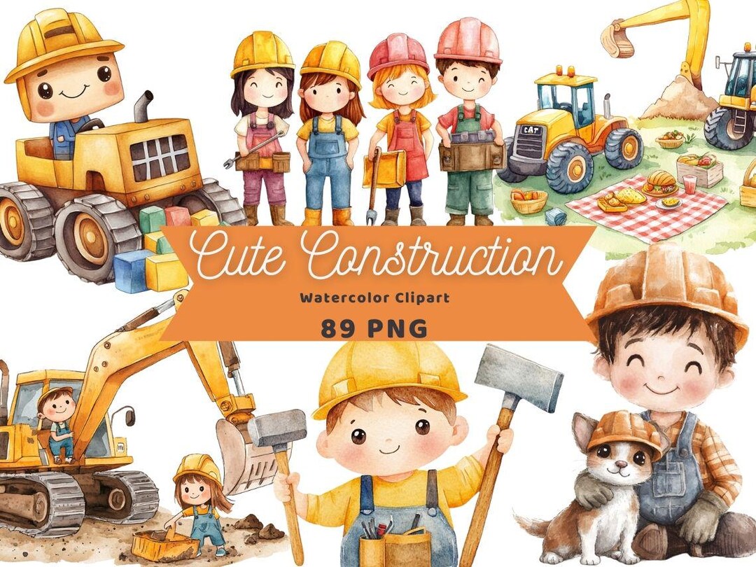 Cute Construction Watercolor Clipart | Sticker | PNG Bundle | Digital ...