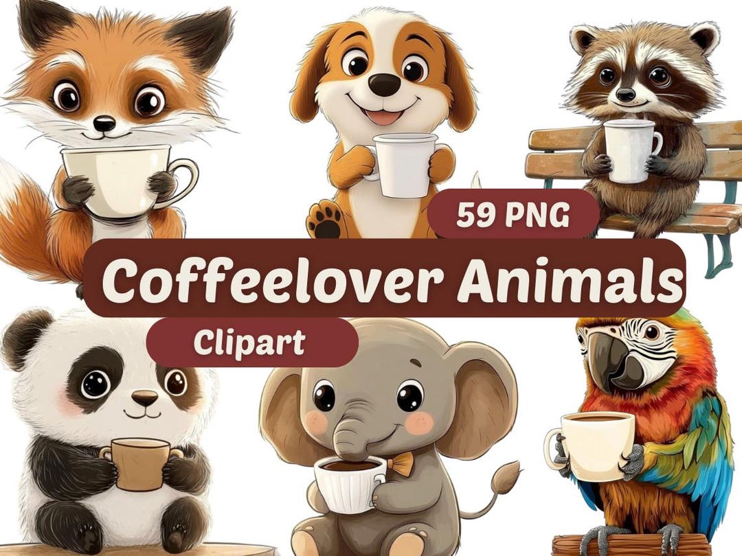 Animals With Coffee Clipart | Cute Animal PNG | PNG Bundle | Cute ...