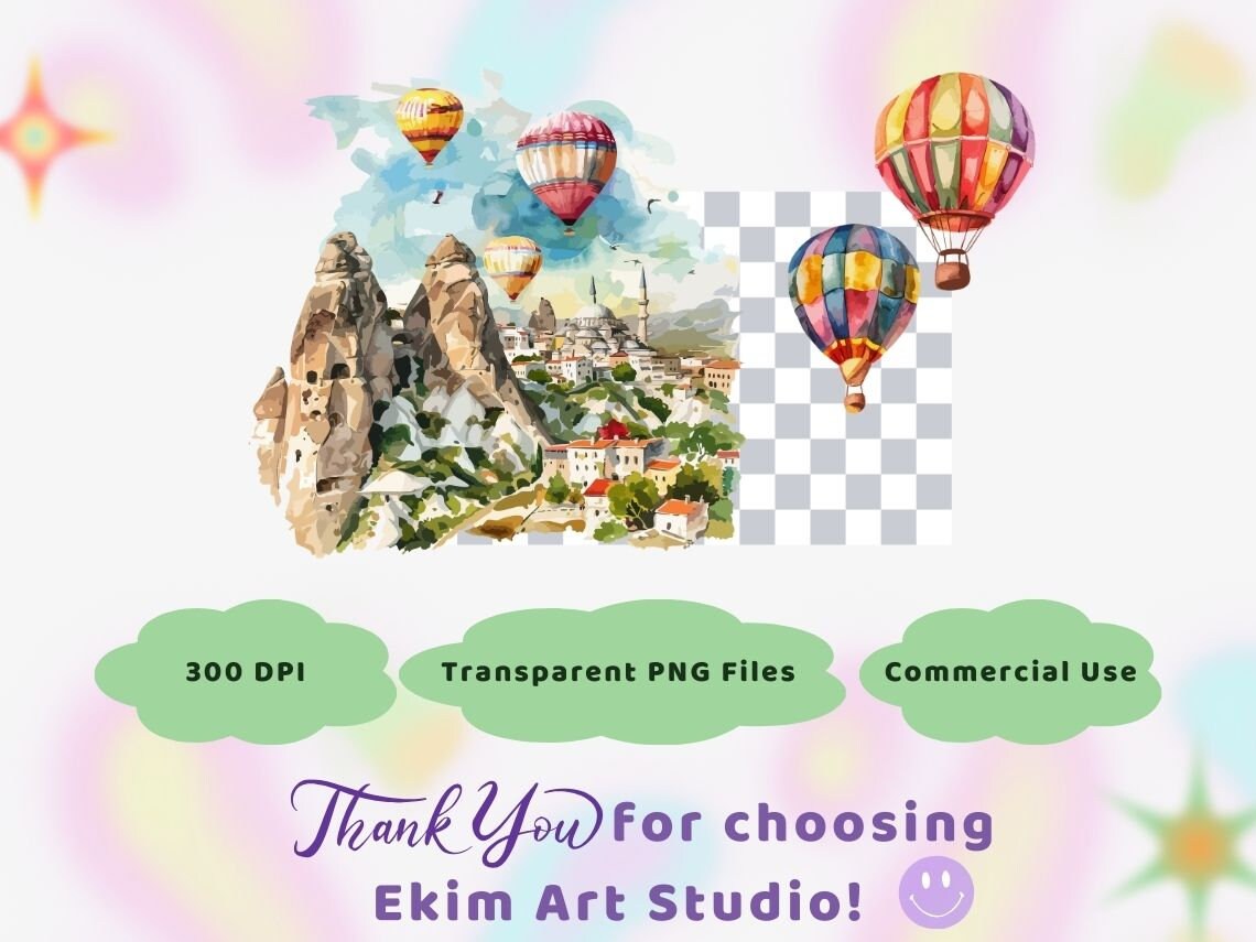 Hot Air Balloon Watercolor Clipart | Cappadocia | PNG Bundle | Digital ...