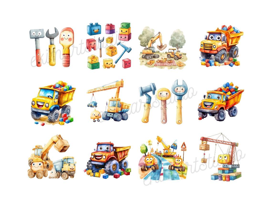 Cute Construction Watercolor Clipart | Sticker | PNG Bundle | Digital ...