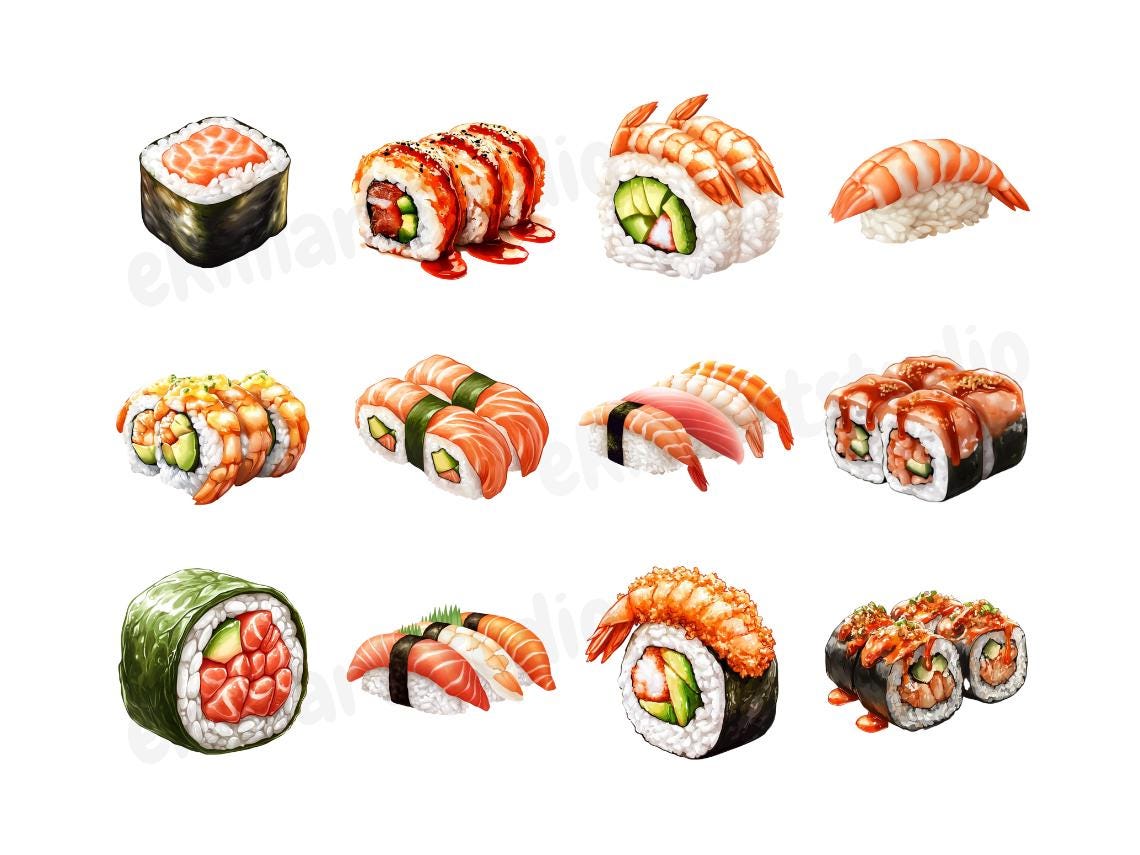 Sushi Watercolor Clipart | Sushi Roll PNG | PNG Bundle | Food Clipart ...