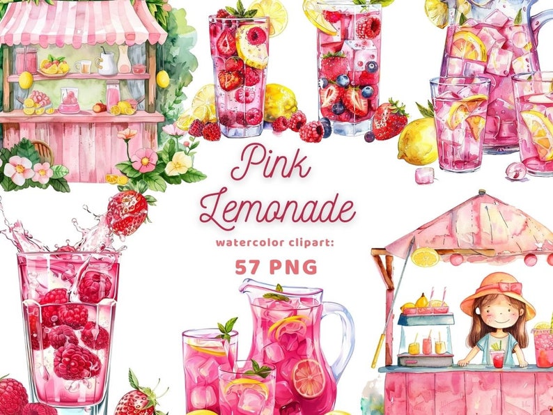 Pink Lemonade Watercolor Clipart | Sticker | PNG Bundle | Digital ...