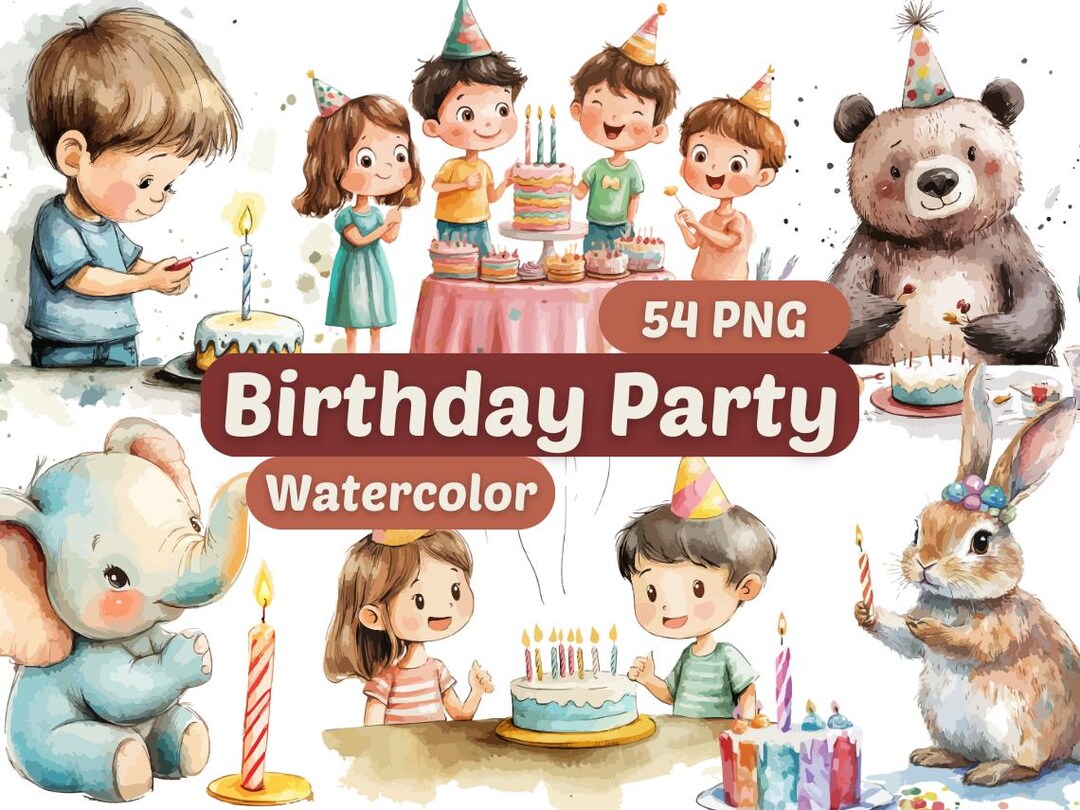 Birthday Party Watercolor Clipart | Birthday PNG | PNG Bundle | Digital ...