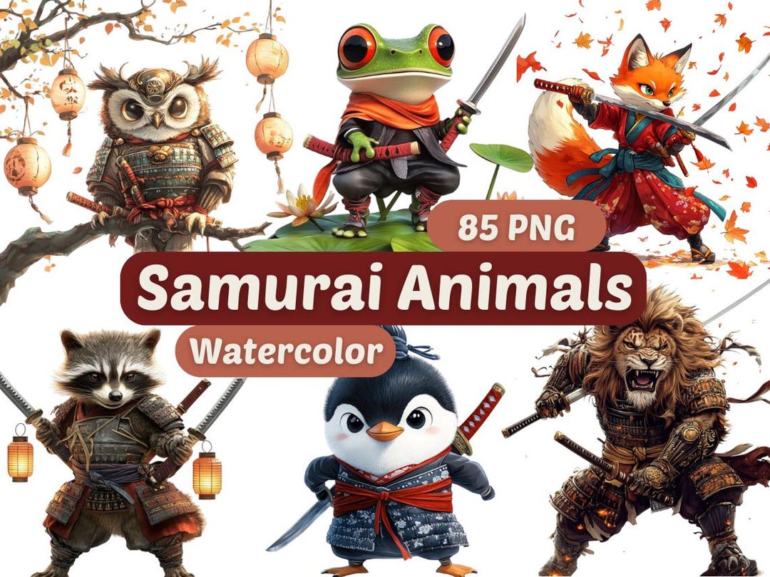 Cute Samurai Animals Watercolor Clipart | Samurai Animals PNG | PNG ...