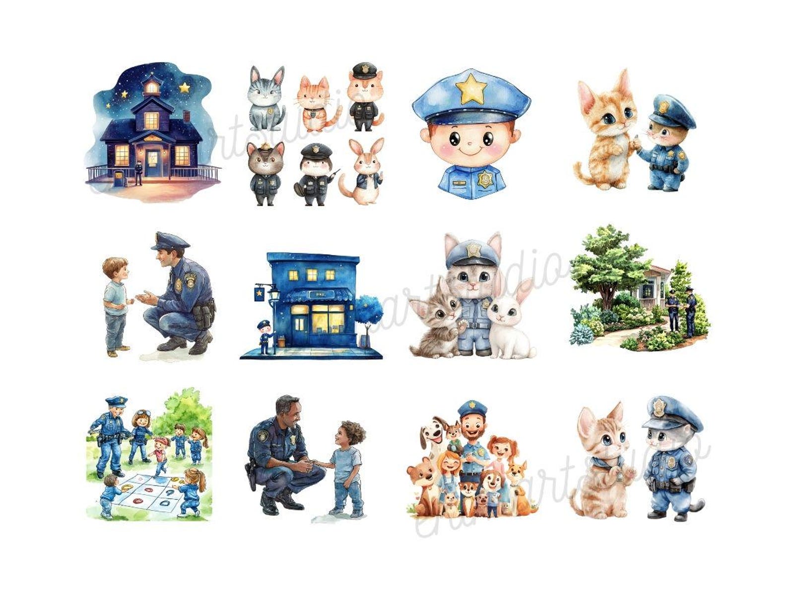 Police Station Watercolor Clipart | Police Kids Clipart | PNG Bundle ...