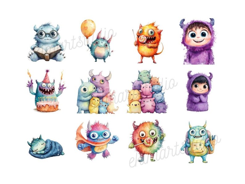 Cute Monsters Watercolor Clipart | Sticker | PNG Bundle | Digital ...