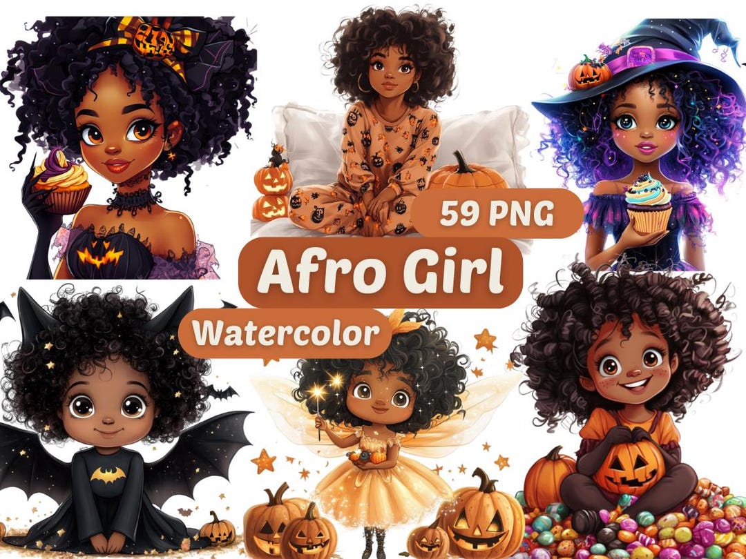 Watercolor Cute Little Afro Girl Clipart | Afro Girl PNG | PNG Bundle ...