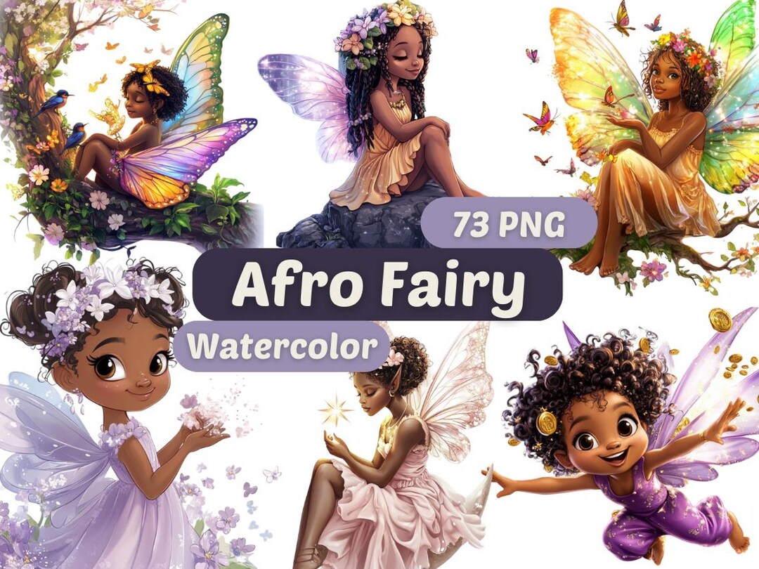 Watercolor Cute Little Afro Fairy Clipart | Afro Fairy PNG | PNG Bundle ...